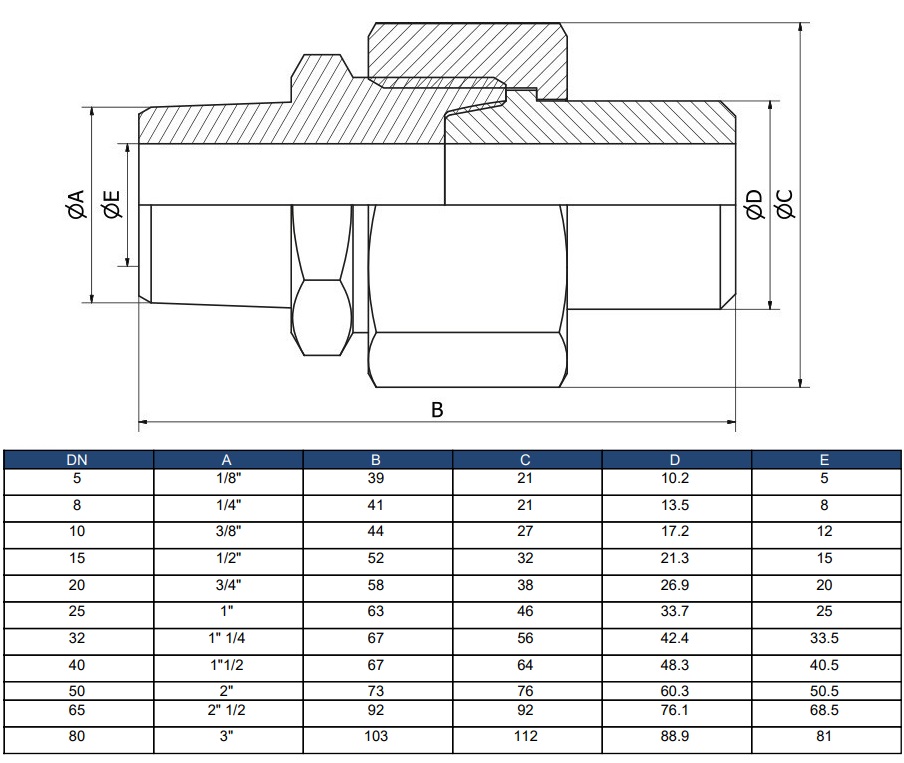 Union Lisse Mâle 3 pièces Série 6 - Raccord 3 pièces